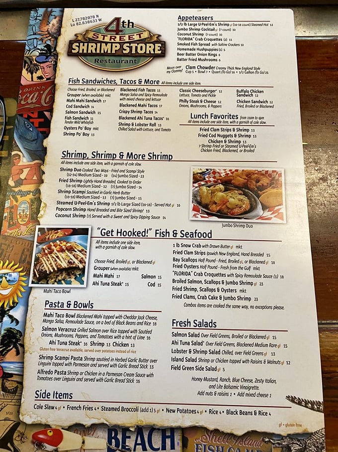 A menu that doesn't just list food—it maps out happiness. From grouper sandwiches to "Shrimply the Best" offerings, decisions here are deliciously difficult.