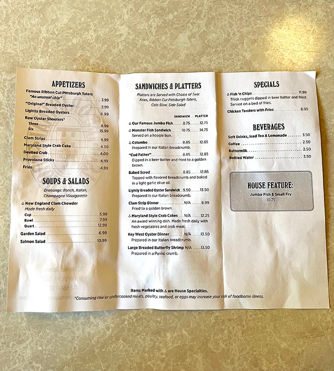 No fancy fonts or trendy descriptions here—just straightforward seafood classics that have satisfied Pittsburghers for generations.