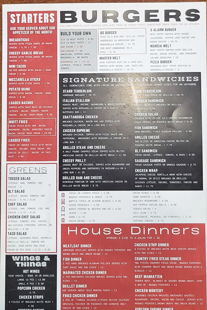 A menu that doesn't mess around—burgers, melts, and house dinners that would make your cardiologist wince but your taste buds sing.