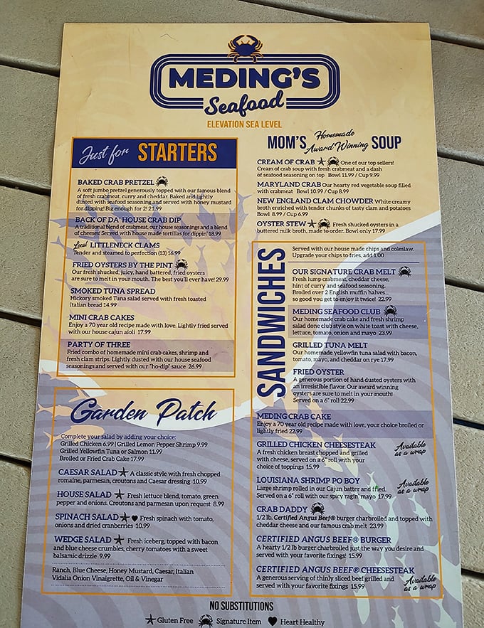 This isn't just a menu; it's a maritime roadmap to happiness. Notice how "NO SUBSTITUTIONS" appears exactly where it should—beneath culinary perfection.