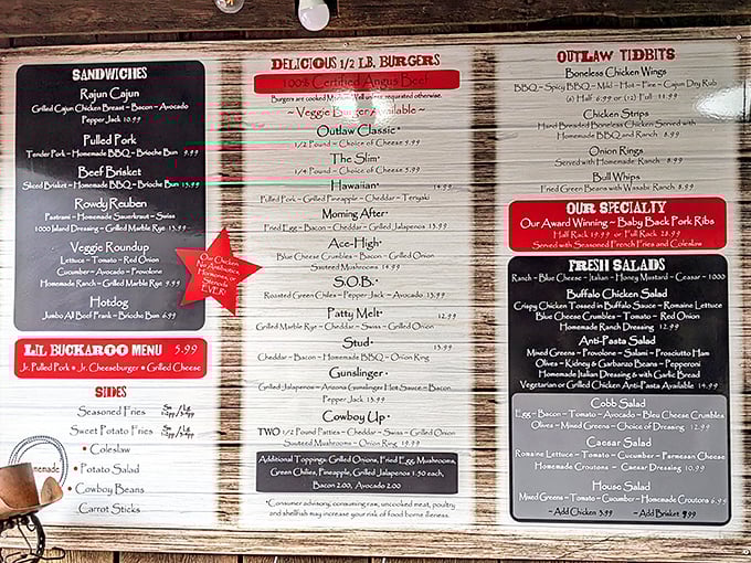 A menu that doesn't mess around. The red star by the burgers isn't just decoration—it's a warning that resistance is futile.