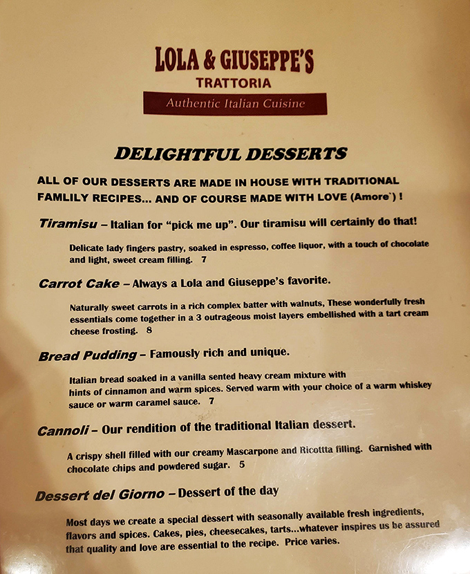 The dessert menu reads like love letters from the old country. "Made with love (Amore!)" isn't just cute marketing—you can taste it in every bite.