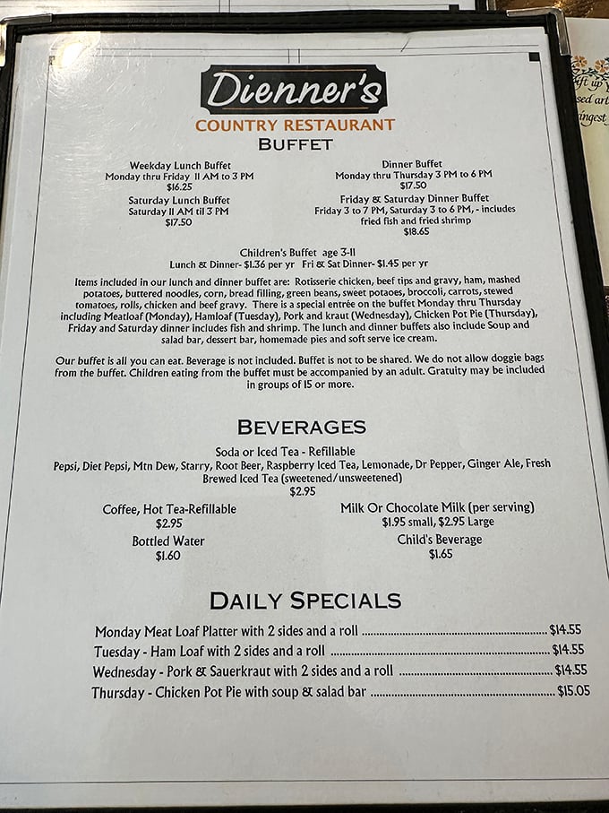 This menu isn't just a list of food—it's a roadmap to happiness with daily specials that rotate like the greatest hits of comfort food.
