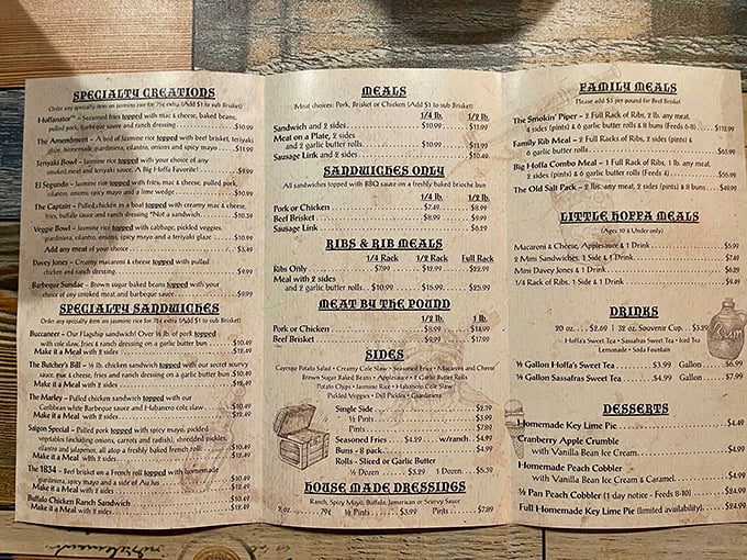 This isn't just a menu—it's a roadmap to happiness. Each weathered page reveals barbecue treasures waiting to be discovered.