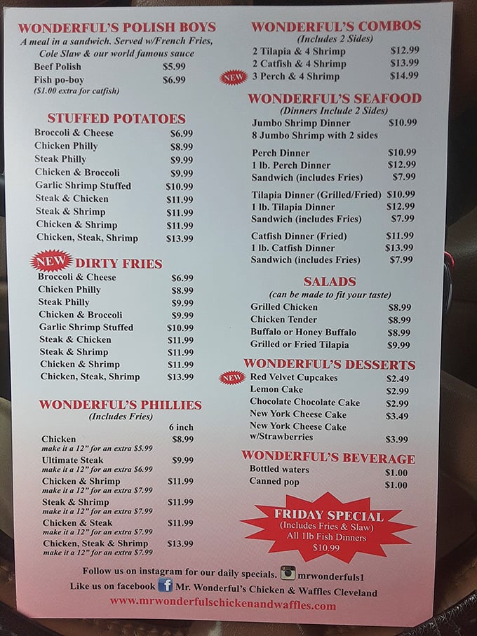 This menu isn't just a list of options—it's a roadmap to happiness. The "Dirty Fries" section alone deserves its own ZIP code.
