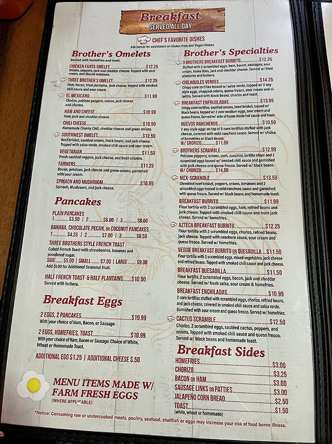 This menu isn't just a list—it's a roadmap to happiness. Brother's Omelets section deserves its own spotlight, like the headliner at a breakfast concert.