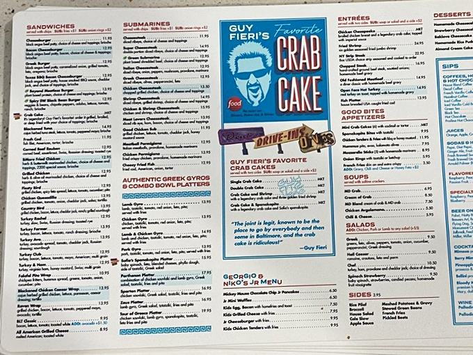 A menu that could double as a novel – Guy Fieri's stamp of approval on their famous crab cakes tells you everything you need to know.