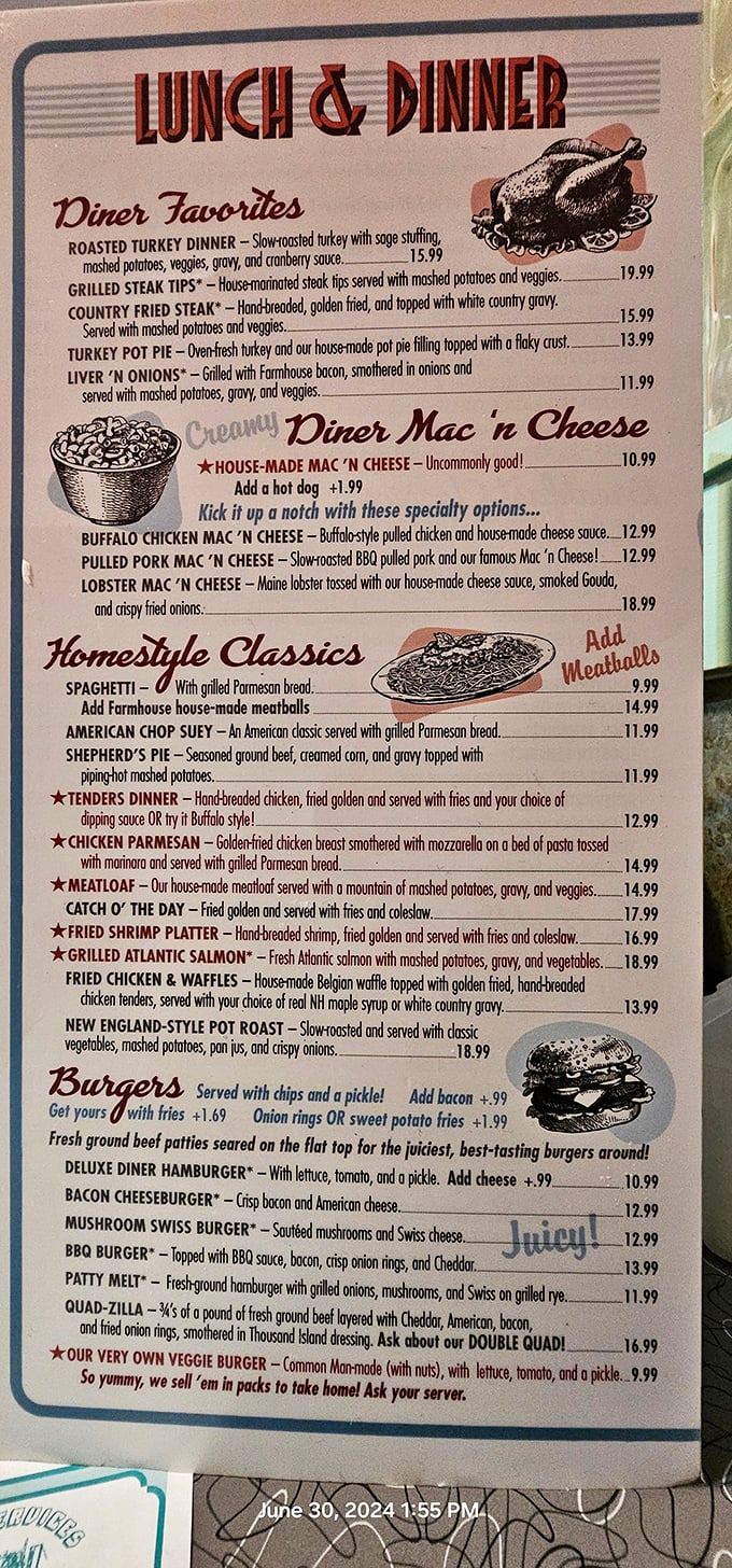 A menu that reads like a love letter to comfort food. The country-fried steak isn't just listed—it's starred as a house favorite for good reason.