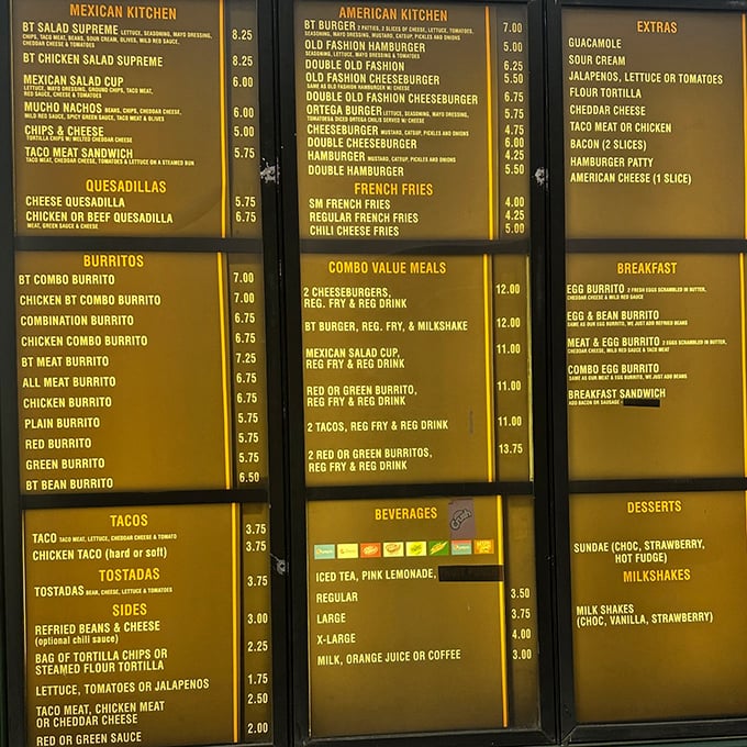 The legendary menu board—a roadmap to happiness divided neatly between Mexican and American delights. Choose your adventure wisely!