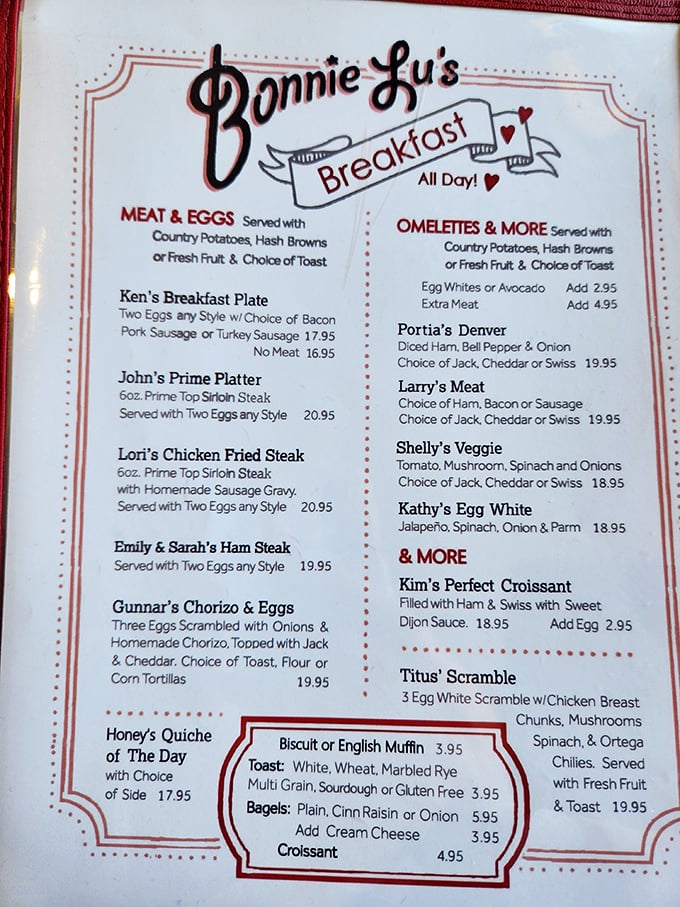 Breakfast served all day—civilization's greatest achievement. The menu reads like a love letter to morning classics with personalized touches.
