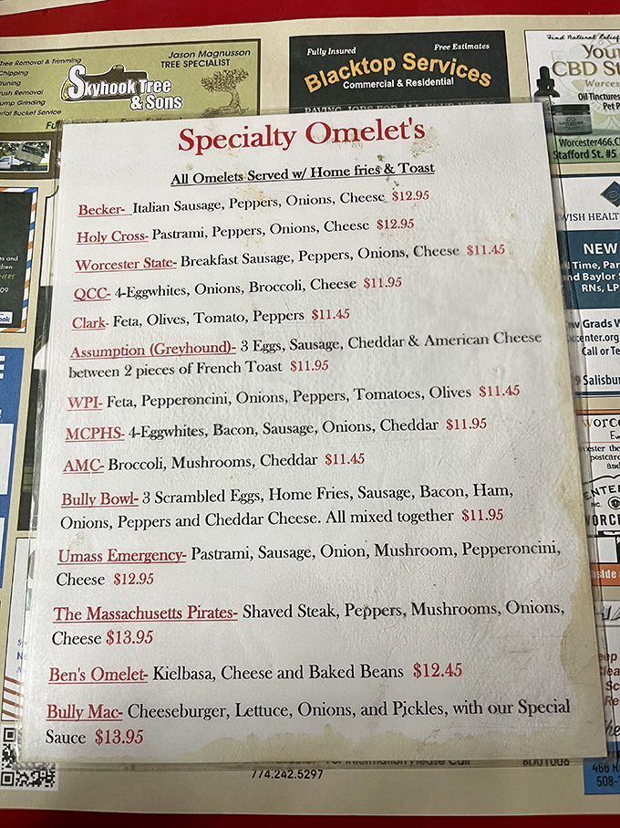 The specialty omelets menu reads like a Worcester geography lesson – each creation named after local landmarks and institutions, served with those legendary home fries.