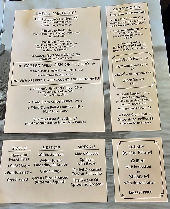 The menu reads like a love letter to New England seafood traditions. Decisions, decisions—though you can't go wrong with anything involving clams or lobster.