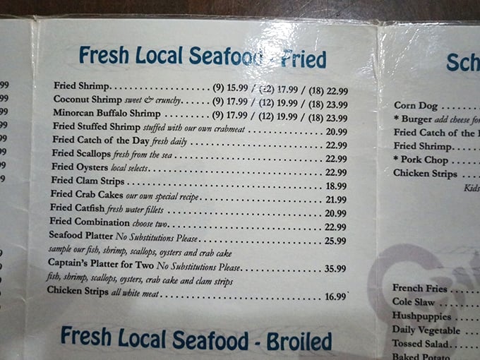 A menu that gets straight to the point—no fancy descriptions needed when the seafood speaks for itself. The Captain's Platter is basically a delicious dare.