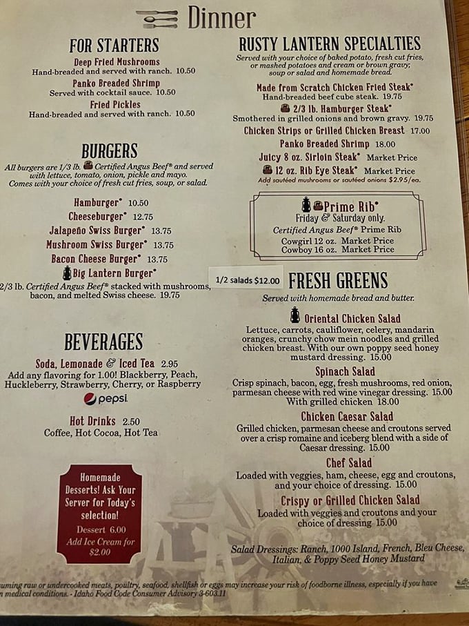 The menu tells the real story—prime rib weekends, hand-breaded everything, and homemade desserts that would make your grandmother both proud and jealous.