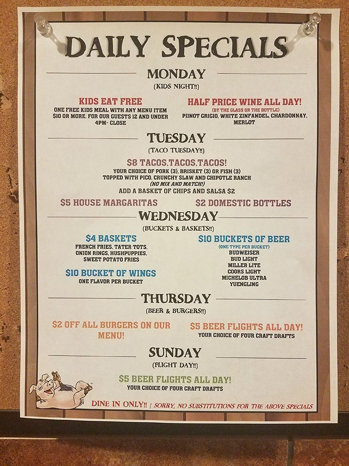 The daily specials board – a roadmap to happiness. Monday's kids-eat-free policy proves they understand the economics of family dining.