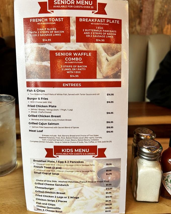 The menu doesn't mince words—straightforward comfort classics for seniors, kids, and everyone in between. No pretension, just good eating.