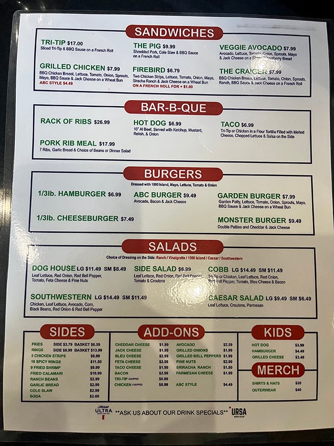 The menu board tells a simple story: burgers, barbecue, and sandwiches without pretension—just honest food that's earned its loyal following.