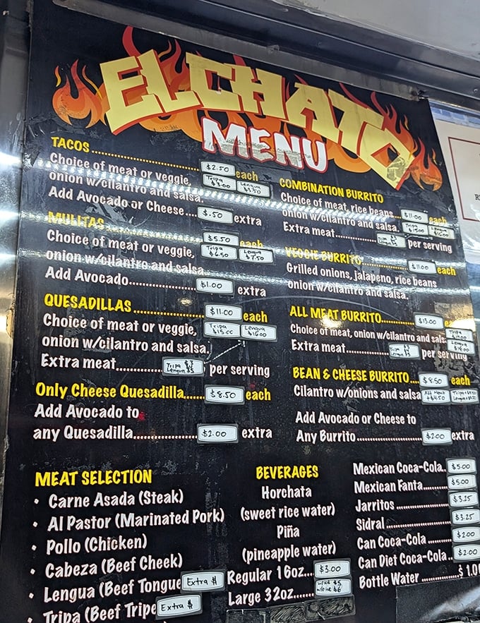 El Chato's menu board is like a treasure map where X marks every spot—each item a different path to delicious satisfaction.