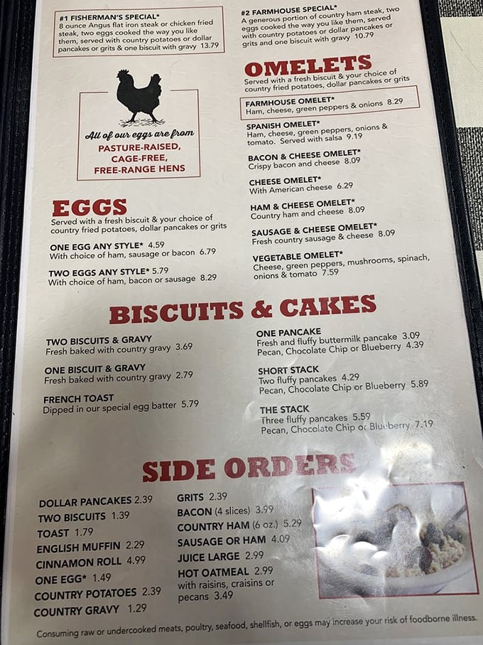 The menu proudly announces "All our eggs are from pasture-raised, cage-free, free-range hens" – because even in comfort food, quality ingredients make all the difference.