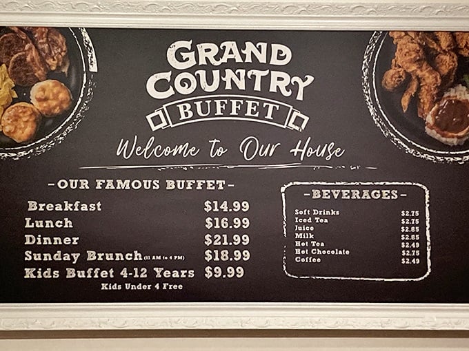 The menu board tells the whole story—breakfast, lunch, dinner, and Sunday brunch await, with prices that won't send you searching for loose change in the car seats.