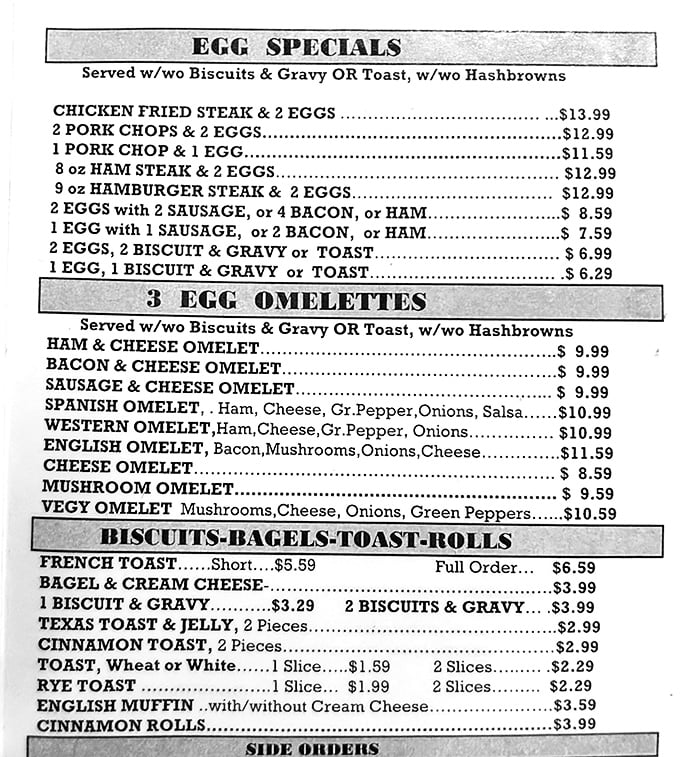 This isn't just a menu—it's a roadmap to happiness. The "Egg Specials" section alone could solve most of life's problems.