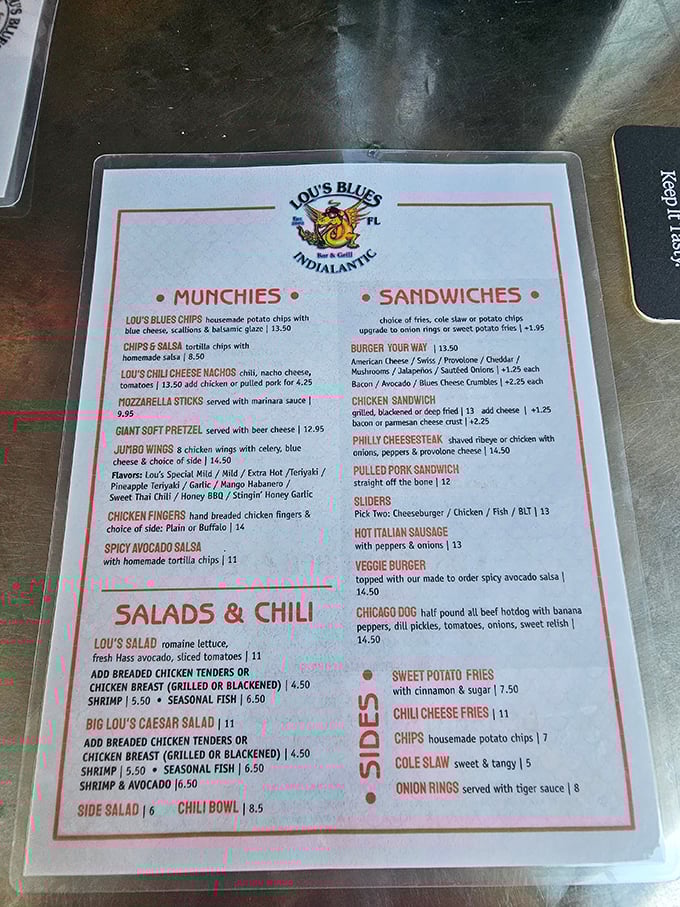 This menu isn't just a list of food – it's a roadmap to happiness. The "Munchies" section alone deserves its own zip code.