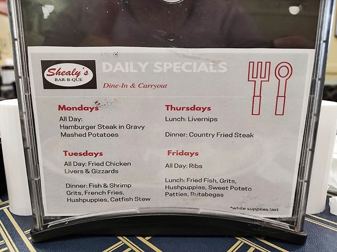 Daily specials that read like a Southern food calendar. Monday's hamburger steak or Friday's ribs? The eternal dilemma of the Shealy's regular.
