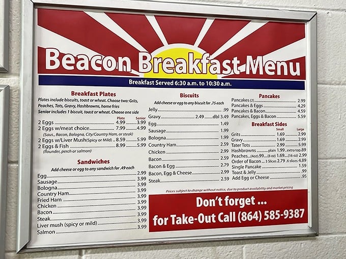 The breakfast menu board—where morning dreams are made and diet plans go to die happy deaths.