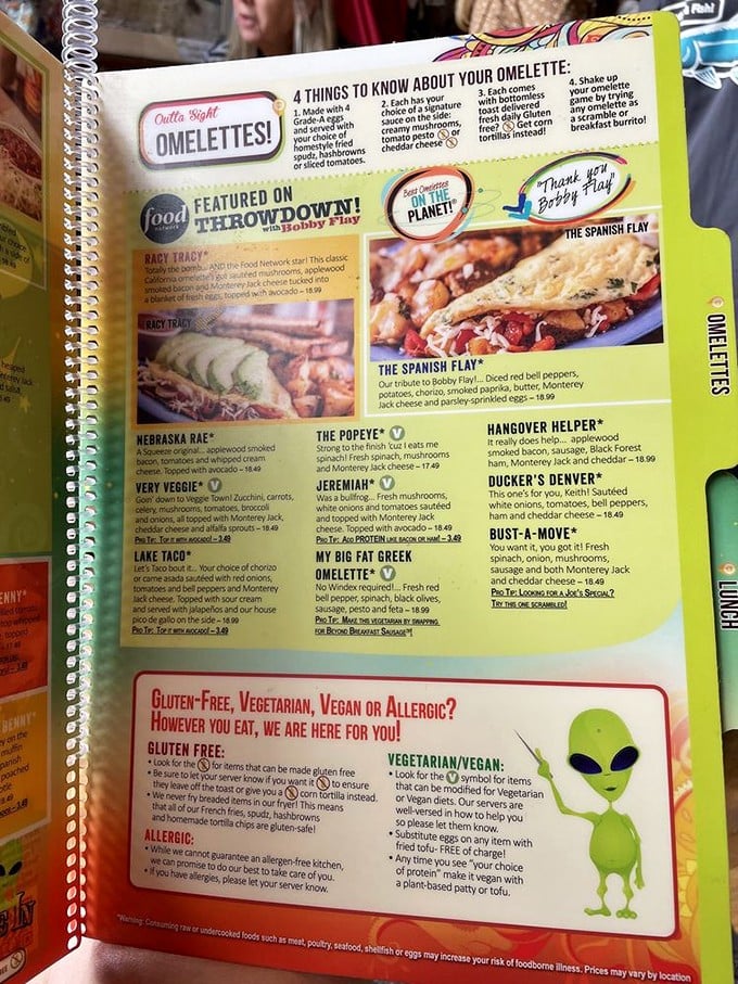The menu reads like a breakfast lover's fantasy novel—omelets with superhero names and alien-approved ingredients that promise to abduct your taste buds.