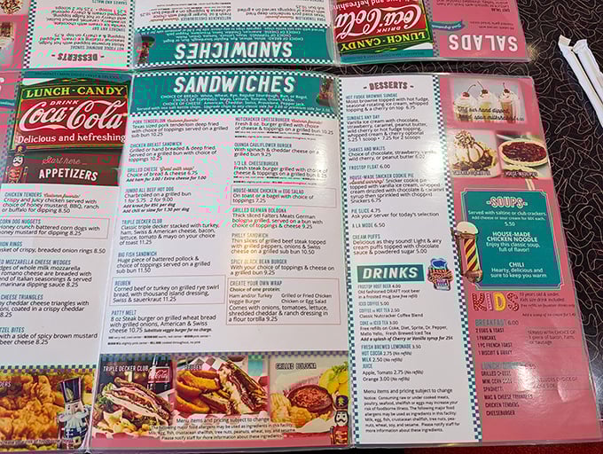 This isn't just a menu—it's a roadmap to happiness. The colorful layout showcases comfort classics that have stood the test of time.