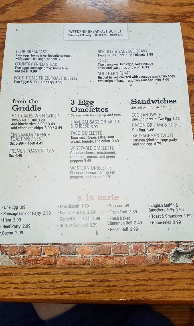 Reading this menu feels like flipping through grandma’s recipe cards—biscuits, gravy, and omelets so hearty they could win blue ribbons.