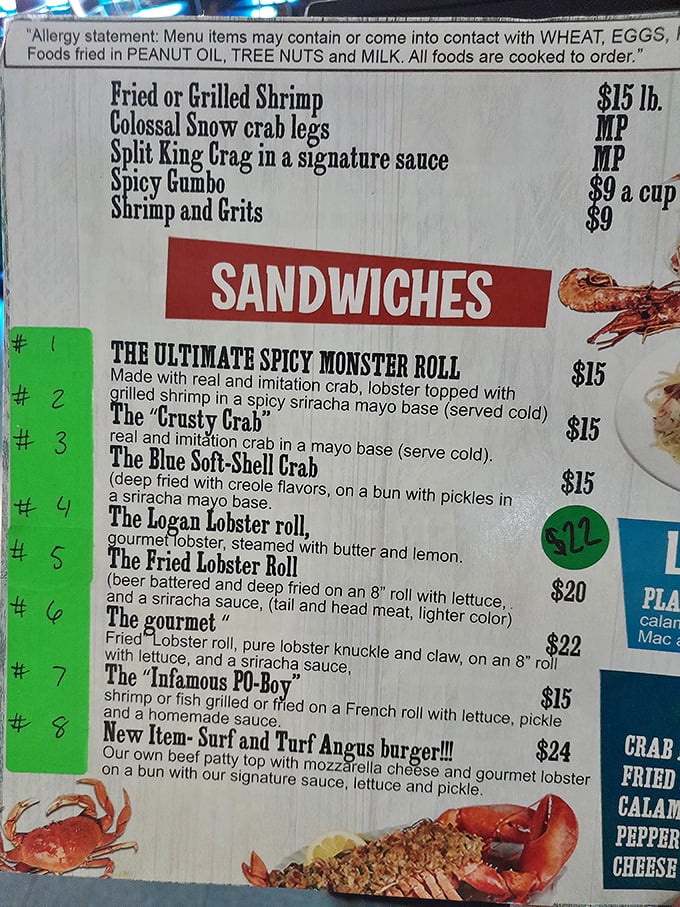 A menu that reads like adventure—lobster rolls, spicy monsters, and a “Crusty Crab” worth grinning about.