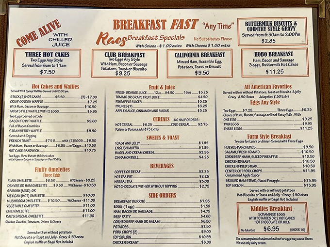 A menu that hasn't changed since your parents' first date—and thank goodness for that. Breakfast served "Any Time" is civilization at its peak.
