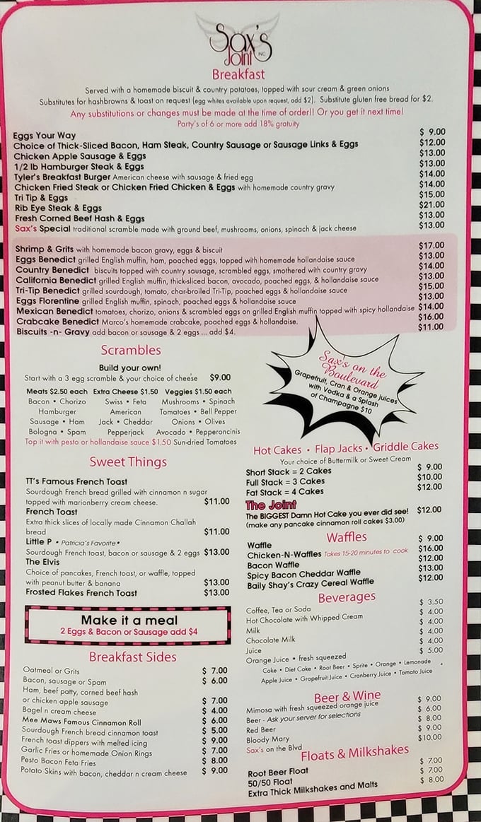This menu reads like breakfast’s greatest hits album—eggs, bacon, flapjacks, and benedicts worthy of a standing ovation.