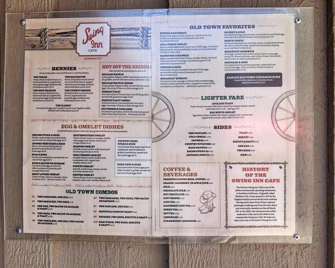 This menu isn't just reading material – it's a roadmap to happiness with sections like "Bennies" and "Old Town Cowboys" guiding your culinary adventure.