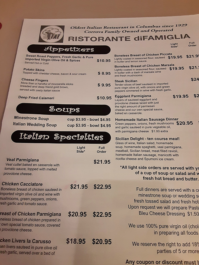 The menu reads like a love letter to Italian-American classics. Each dish promises comfort wrapped in red sauce and melted cheese—exactly what the doctor ordered.