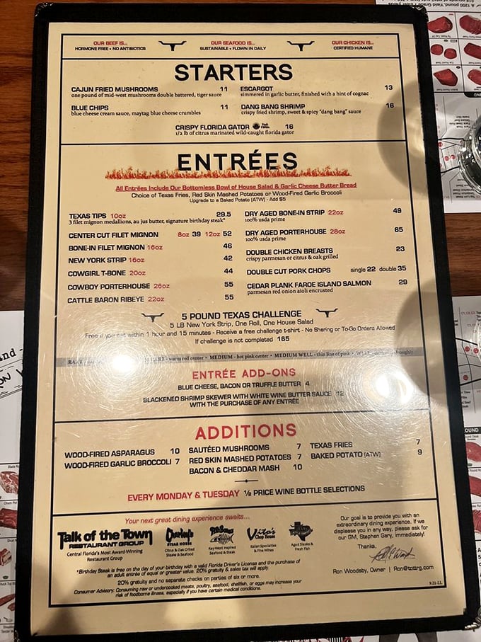 The menu reads like a carnivore's dream journal. That 5-pound Texas Challenge isn't just a meal—it's a mountain to conquer.