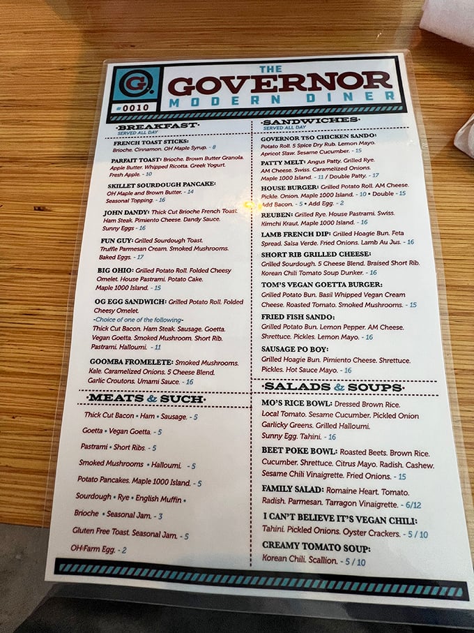 This isn't just a menu—it's a roadmap to happiness with clever names like "Fun Guy" and "I Can't Believe It's Vegan Chili."