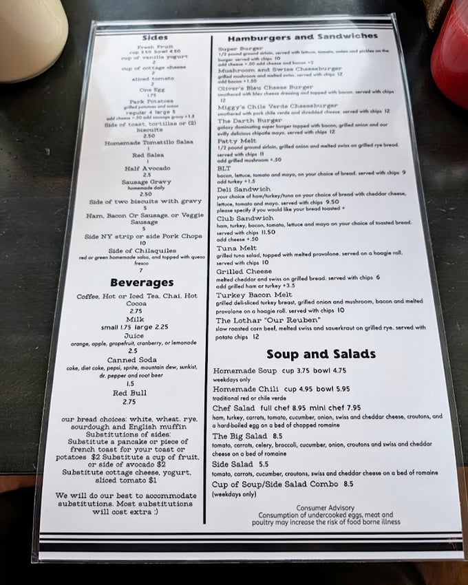 This menu isn't just a list of food – it's a roadmap to happiness with biscuits and gravy as the ultimate destination.