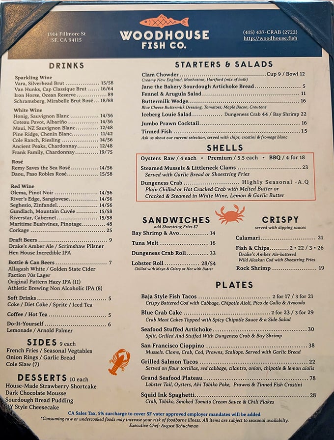 This menu reads like poetry to seafood lovers—a siren song of Dungeness crab, lobster rolls, and oysters that would make Neptune himself place an order.
