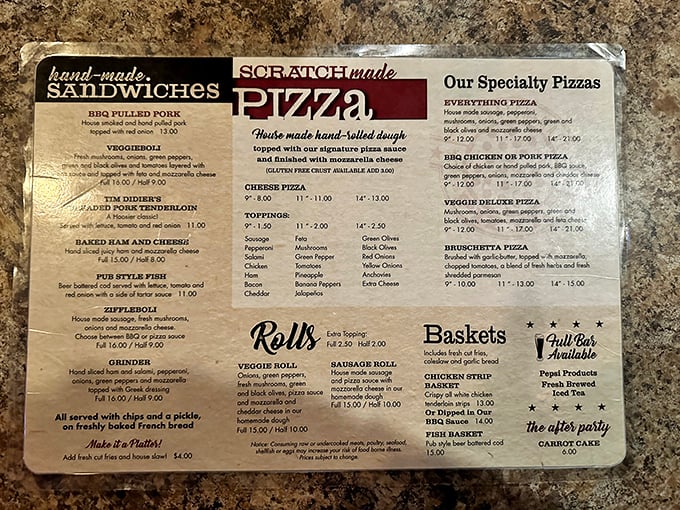 This menu isn't just a list—it's a roadmap to happiness. The handmade sandwiches and scratch-made pizza sections might cause decision paralysis in the best possible way.