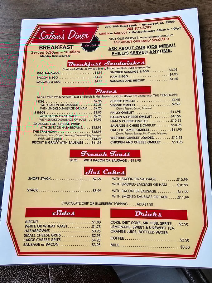 This menu isn't just a list of food—it's a roadmap to breakfast bliss, with the legendary "Trashcan" standing tall among classics.