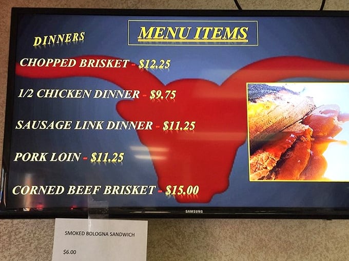 This menu board speaks fluent comfort food – no translation needed when brisket and ribs are involved.
