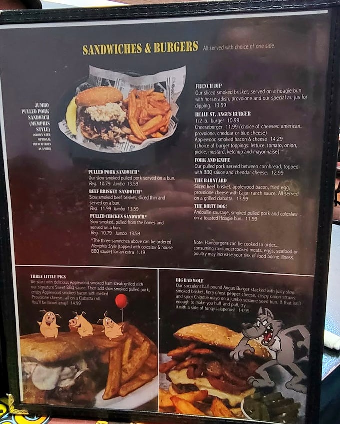 The menu reads like barbecue poetry – "Fork and Knife," "Three Little Pigs," and "Big Bad Wolf" aren't fairy tales, they're edible adventures.