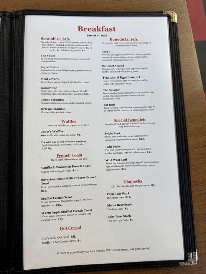 This menu isn't just a list of options—it's a roadmap to happiness. The "if it's not on the menu, just ask" note at the bottom? Pure diner poetry.