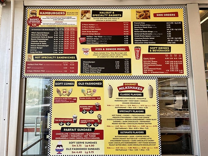 The menu board at Mike's is like a roadmap to happiness—burgers, shakes, and sundaes waiting to fulfill your childhood dreams.