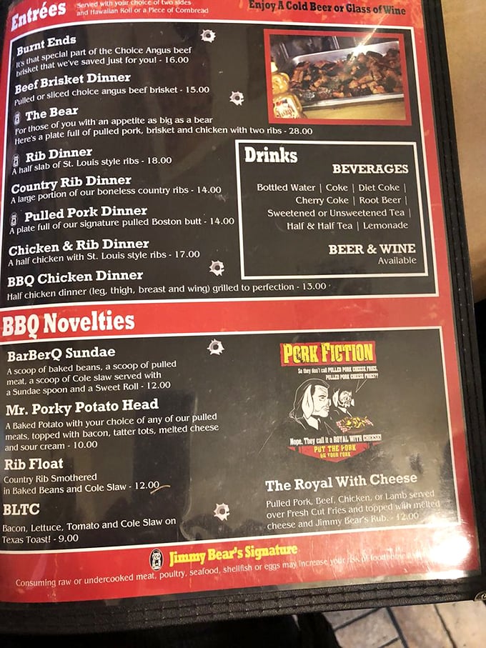 The menu reads like a love letter to smoked meat enthusiasts. "The Bear" platter isn't just a meal—it's a carnivorous adventure worth embarking on.
