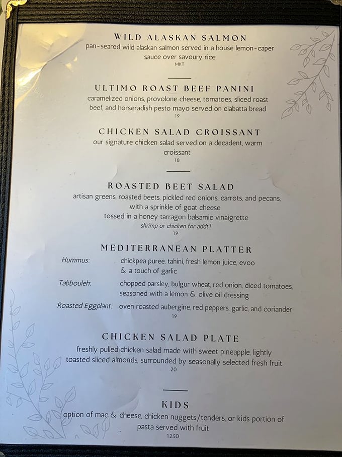 A menu that reads like a delicious identity crisis – salmon and paninis at a tearoom? Brilliant!