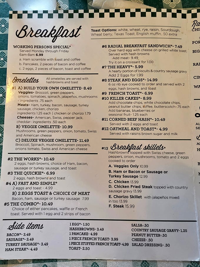 A menu that reads like a love letter to breakfast classics—where "Working Person's Special" isn't just a meal, it's a philosophy.