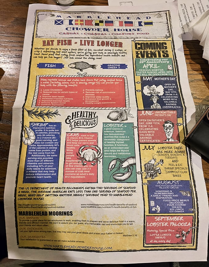 Their playful placemat menu doesn't just list delicious seafood options—it actually tries to convince you fish is healthy. Sold!